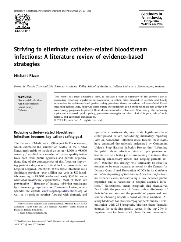 (PDF) Striving to eliminate catheter-related bloodstream infections: A literature review of ...