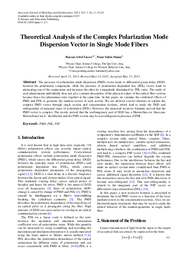 (PDF) Theoretical Analysis of the Complex Polarization Mode Dispersion Vector in Single Mode Fibers
