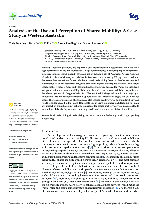 (PDF) Analysis of the Use and Perception of Shared Mobility: A Case Study in Western Australia