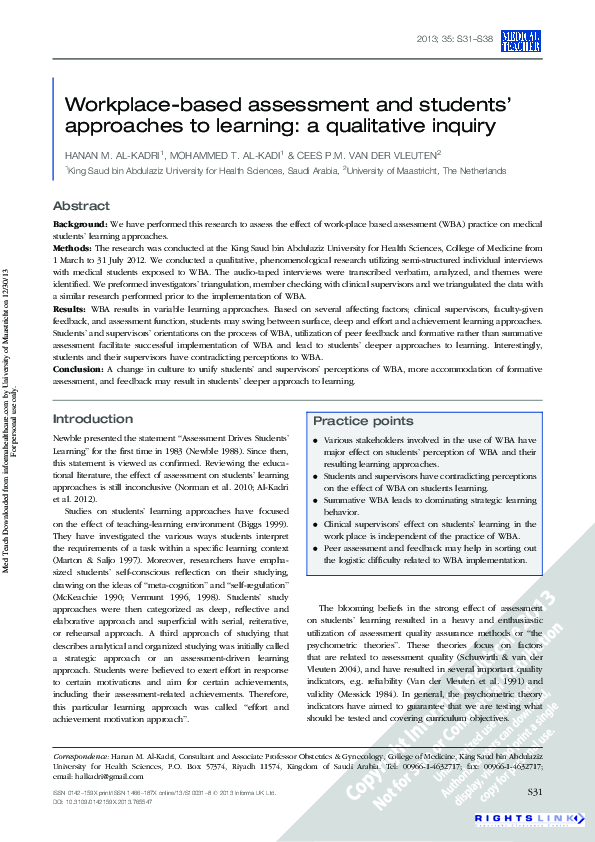(PDF) Workplace-based assessment and students’ approaches to learning: a qualitative inquiry