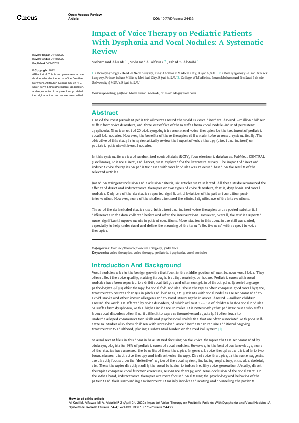 (PDF) Impact of Voice Therapy on Pediatric Patients With Dysphonia and ...