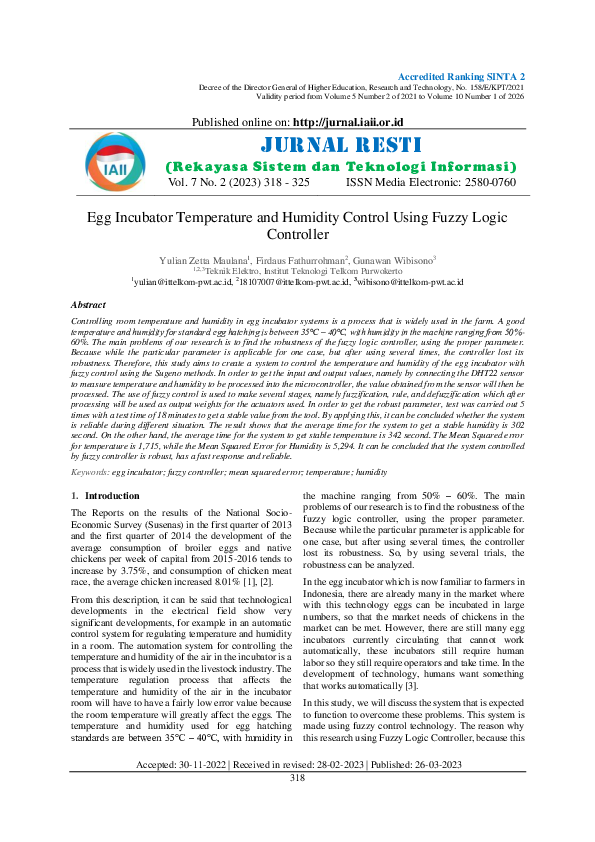 (PDF) Egg Incubator Temperature and Humidity Control Using Fuzzy Logic Controller