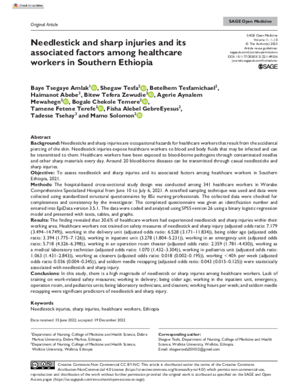 (PDF) Needlestick and sharp injuries and its associated factors among healthcare workers in ...