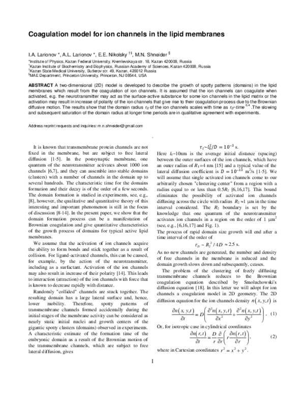 (PDF) Coagulation model for ion channels in the lipid membranes