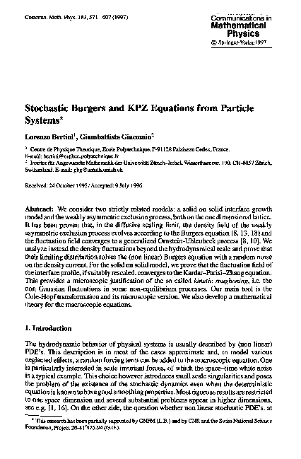 (PDF) Stochastic Burgers and KPZ Equations from Particle Systems