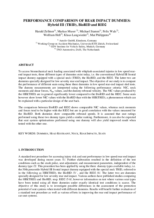 (PDF) Performance Comparison of Rear Impact Dummies: Hybrid III (Trid ...