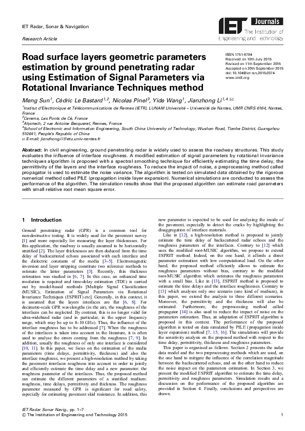 (PDF) Road surface layers geometric parameters estimation by ground penetrating radar using ...
