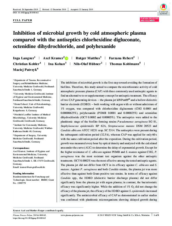 (PDF) Inhibition of microbial growth by cold atmospheric plasma ...