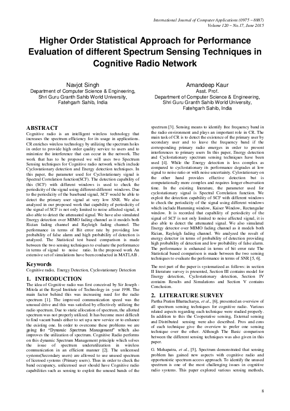 (PDF) Higher Order Statistical Approach for Performance Evaluation of different Spectrum Sensing ...