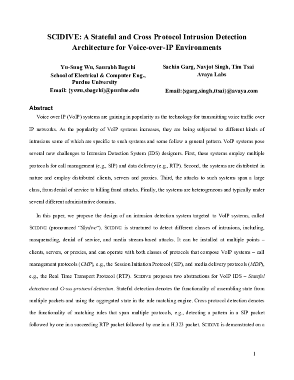 (PDF) SCIDIVE: a stateful and cross protocol intrusion detection architecture for voice-over-IP ...