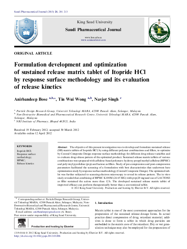 Pdf Formulation Development And Optimization Of Sustained Release Matrix Tablet Of Itopride