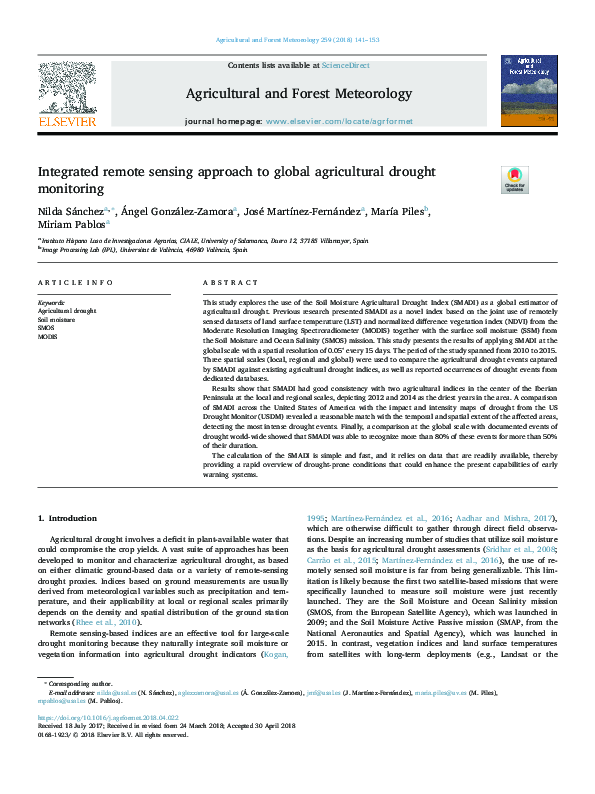 Pdf Integrated Remote Sensing Approach To Global Agricultural Drought Monitoring