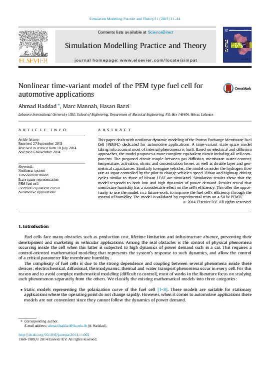 (PDF) Nonlinear time-variant model of the PEM type fuel cell for automotive applications
