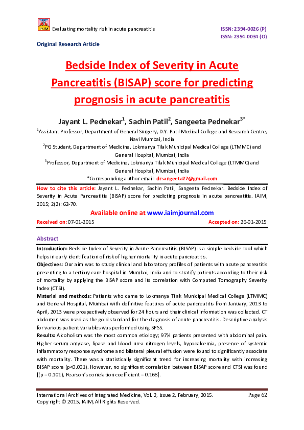 (PDF) Bedside Index of Severity in Acute Pancreatitis (BISAP) score for ...