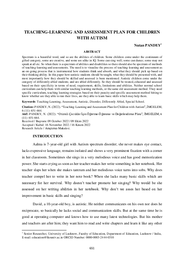 (PDF) Teaching-Learning and Assessment Plan for Children with Autism