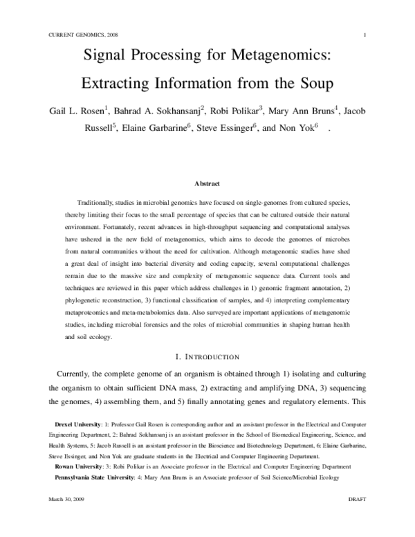 (PDF) Signal Processing for Metagenomics: Extracting Information from the Soup | Non Yok ...