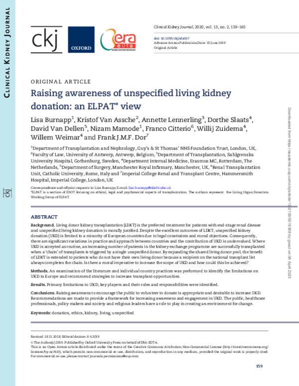 (PDF) Raising awareness of unspecified living kidney donation: an ELPAT ...