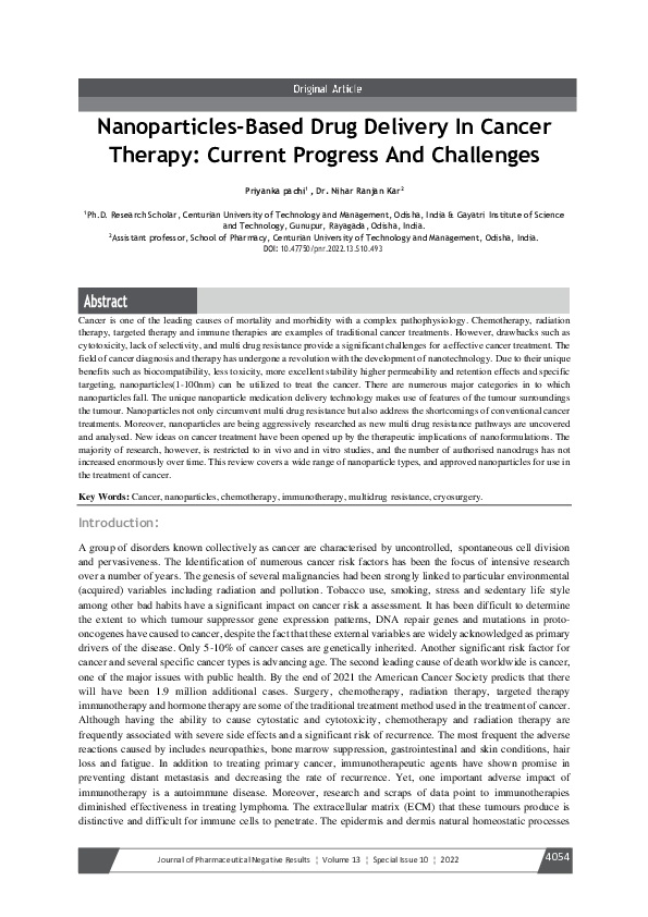 (PDF) Nanoparticles-Based Drug Delivery In Cancer Therapy: Current Progress And Challenges