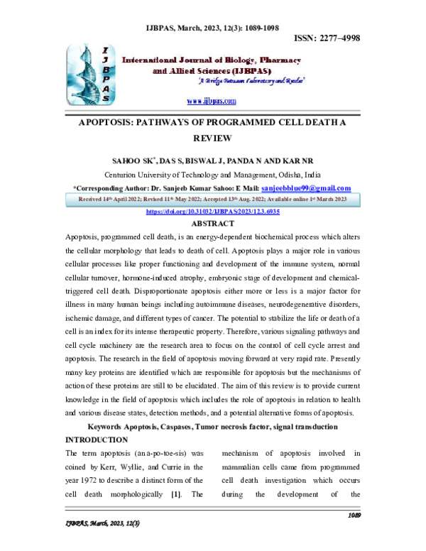 (PDF) APOPTOSIS: PATHWAYS OF PROGRAMMED CELL DEATH A REVIEW