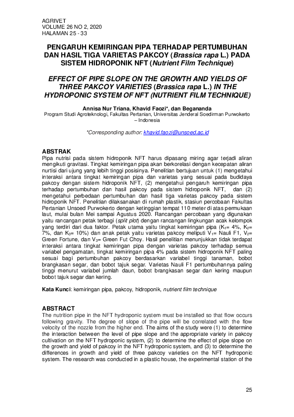(PDF) PENGARUH KEMIRINGAN PIPA TERHADAP PERTUMBUHAN DAN HASIL TIGA VARIETAS PAKCOY (Brassica ...