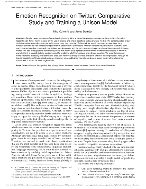 (PDF) Emotion Recognition on Twitter: Comparative Study and Training a ...