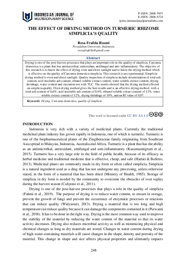 Pdf The Effect Of Drying Method On Turmeric Rhizome Simplicias