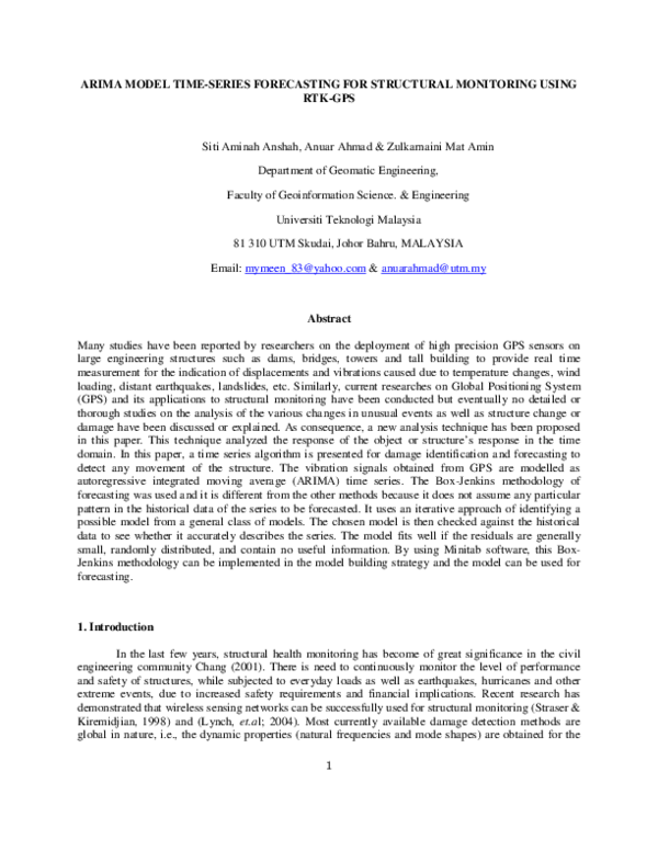 (PDF) Arima Model Time-Series Forecasting For Structural Monitoring Using RTK-GPS