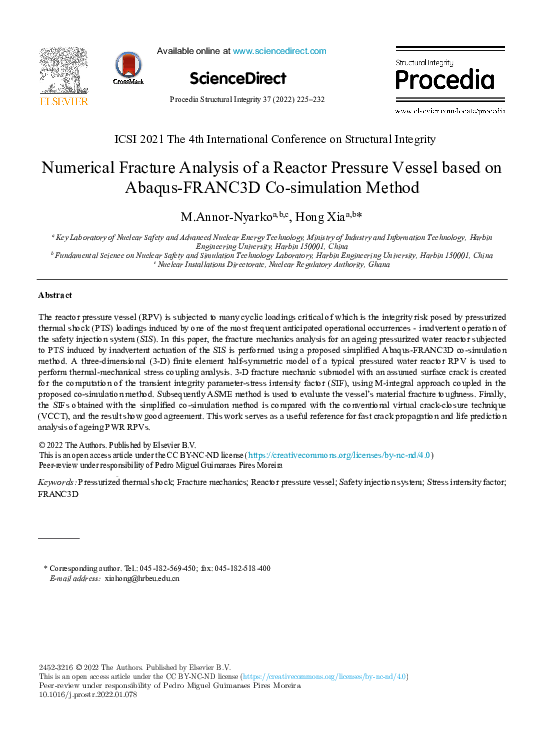 (PDF) Numerical Fracture Analysis of a Reactor Pressure Vessel based on Abaqus-FRANC3D Co ...