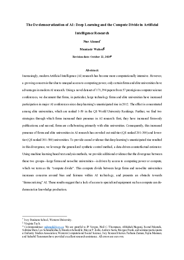 (PDF) The De-democratization of AI: Deep Learning and the Compute Divide in Artificial ...