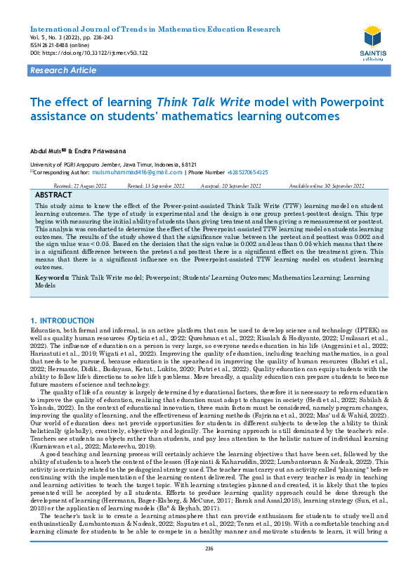 (PDF) The effect of learning Think Talk Write model with Powerpoint assistance on students ...