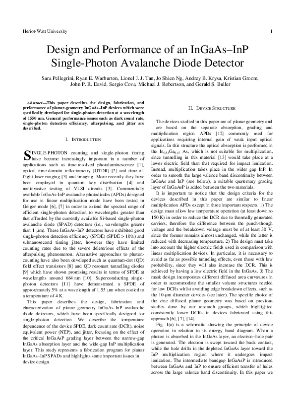 (PDF) Design and Performance of an InGaAs–InP Single-Photon Avalanche Diode Detector