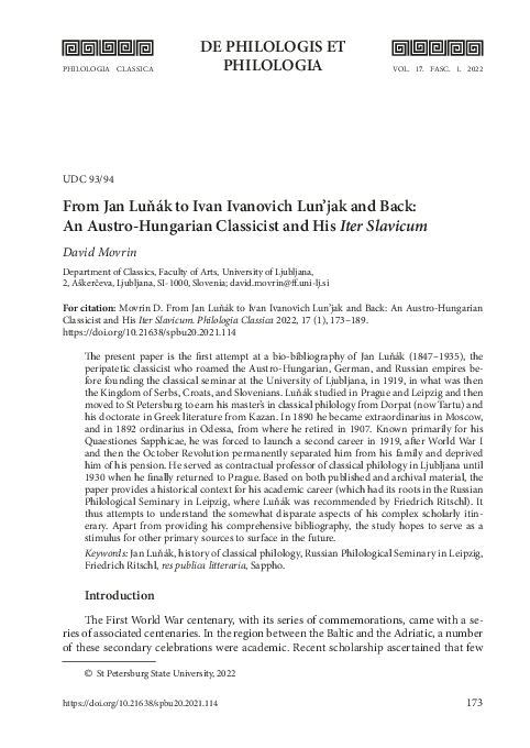(PDF) From Jan Luňák to Ivan Ivanovich Lun’jak and Back: An Austro-Hungarian Classicist and His ...