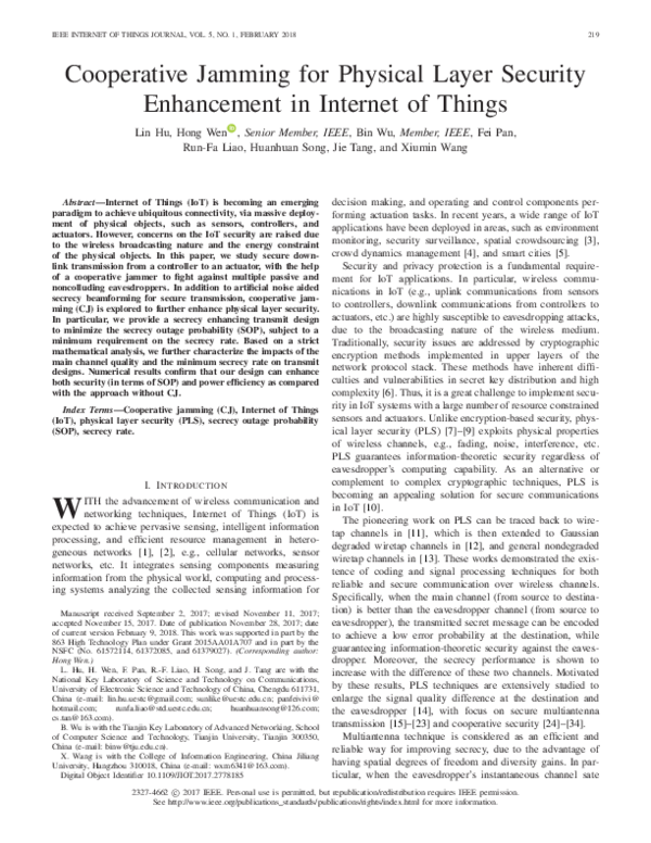 Pdf Cooperative Jamming For Physical Layer Security Enhancement In Internet Of Things