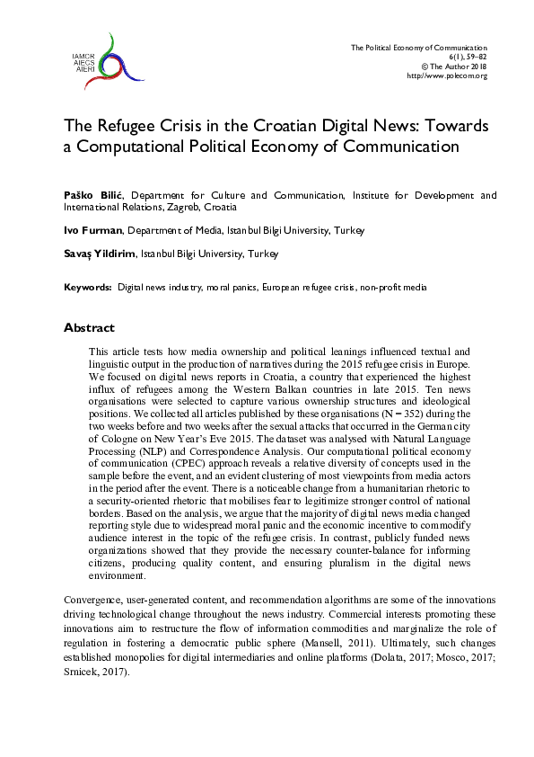 (PDF) The Refugee Crisis in the Croatian Digital News: Towards a Computational Political Economy ...