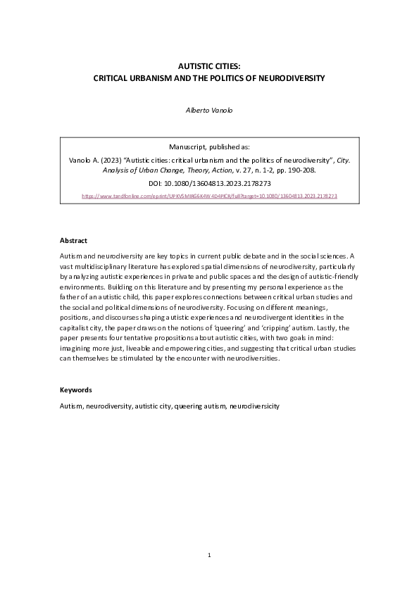 (PDF) Autistic cities: critical urbanism and the politics of neurodiversity