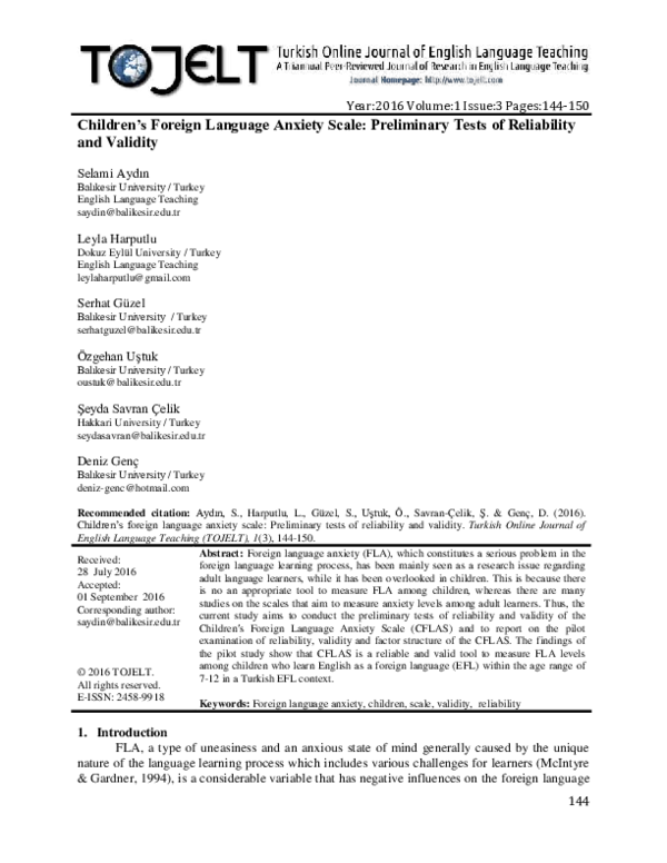 (PDF) Children’s Foreign Language Anxiety Scale: Preliminary Tests of ...