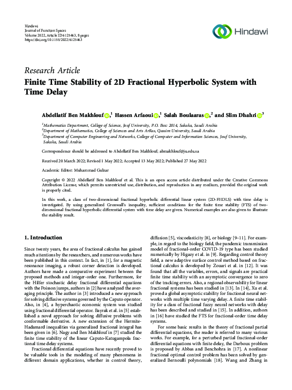 (PDF) Finite Time Stability of 2D Fractional Hyperbolic System with Time Delay