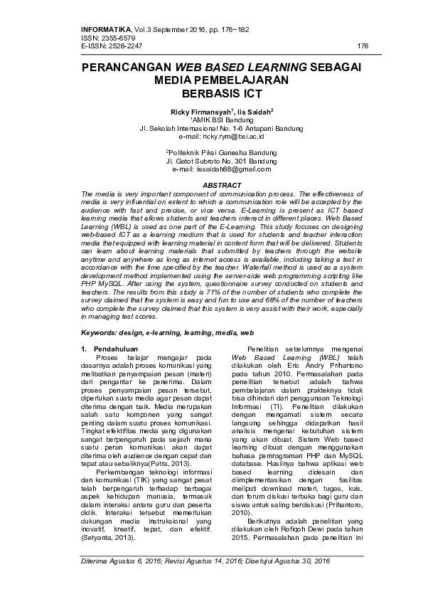 (PDF) Perancangan Web Based Learning Sebagai Media Pembelajaran Berbasis Ict