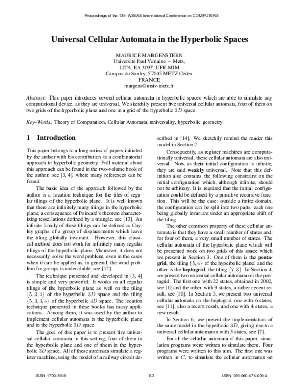 (PDF) Universal cellular automata in the hyperbolic spaces