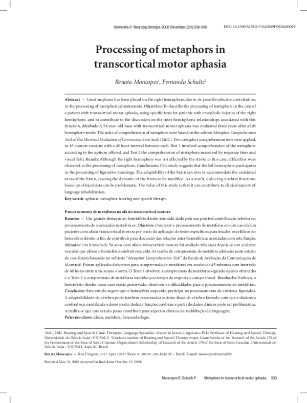 (PDF) Metaphor Processing in Motor Aphasia Cases