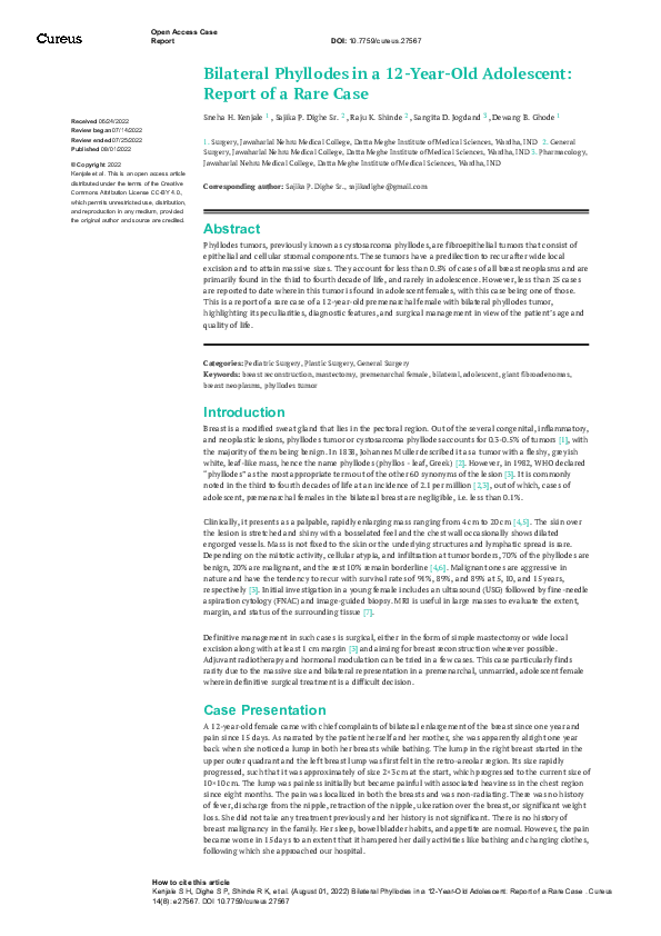 (PDF) Bilateral Phyllodes in a 12-Year-Old Adolescent: Report of a Rare Case | Sneha Kenjale ...