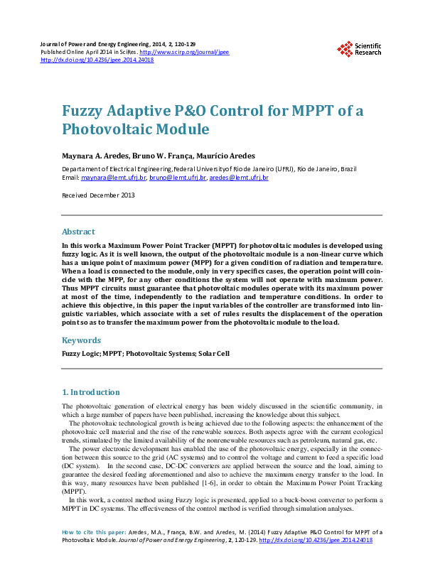 (PDF) Fuzzy Adaptive P&O Control for MPPT of a Photovoltaic Module