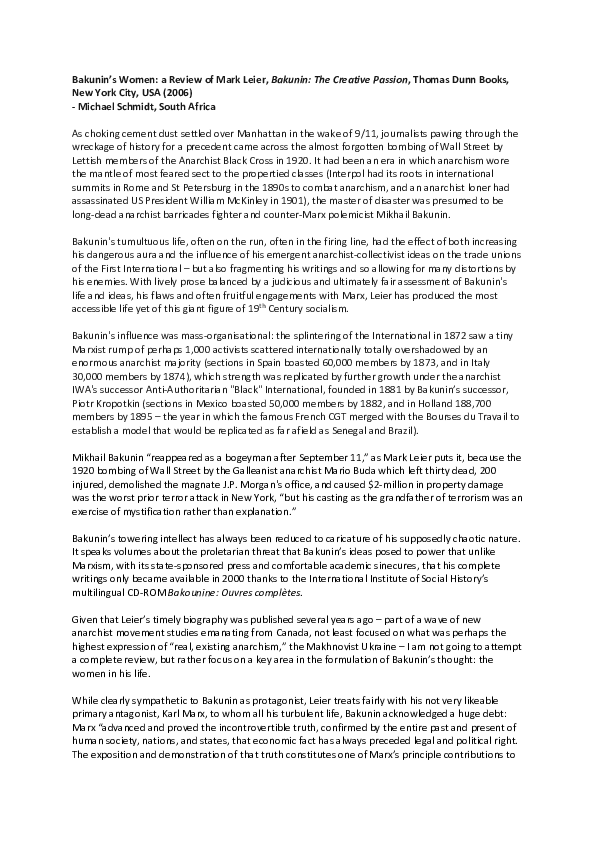 (PDF) Bakunin's Women: a Partial Review of Mark Leier's Bakunin: The ...