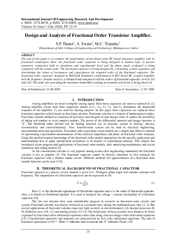 Pdf Design And Analysis Of Fractional Order Transistor Amplifier