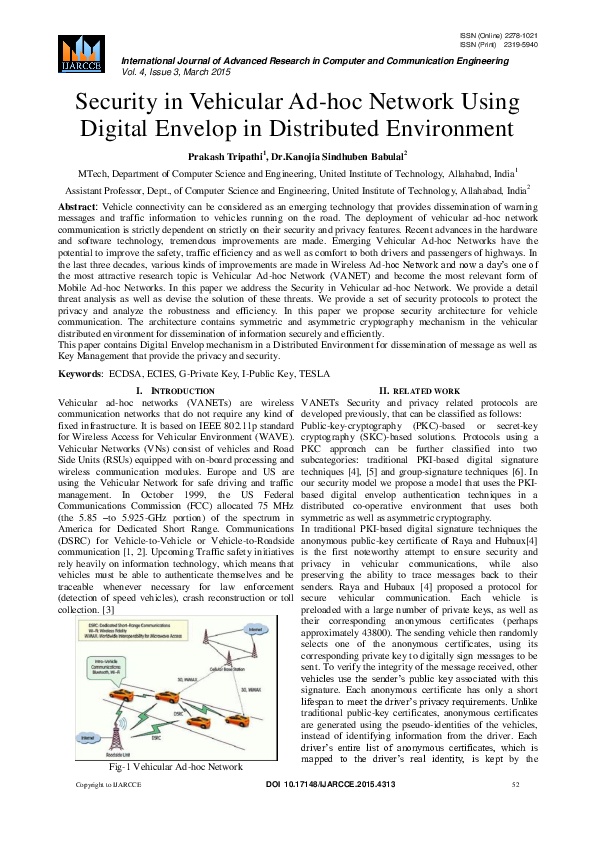 (PDF) Security in Vehicular Ad-hoc Network Using Digital Envelop in Distributed Environment