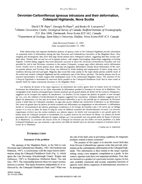 (PDF) Deformation of Devonian-Carboniferous Igneous Intrusions in Nova Scotia