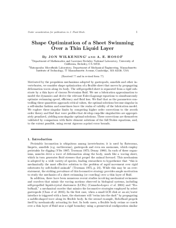 (PDF) Shape optimization of a sheet swimming over a thin liquid layer