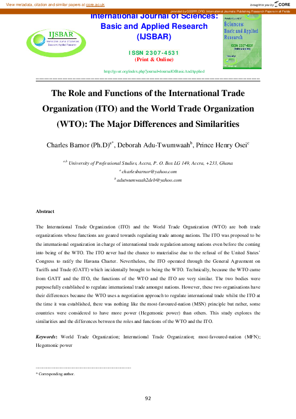 (PDF) The Role and Functions of the International Trade Organization (ITO) and the World Trade ...