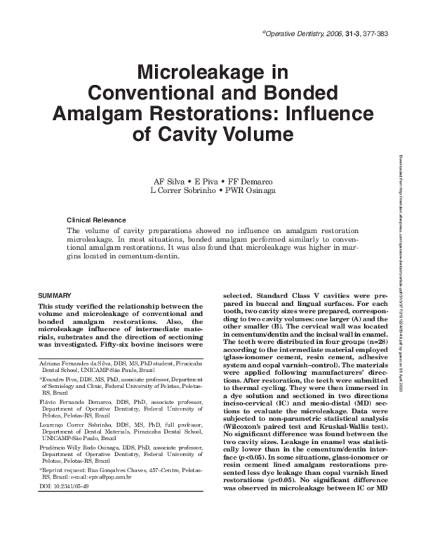 (PDF) Microleakage in Conventional and Bonded Amalgam Restorations: Influence of Cavity Volume