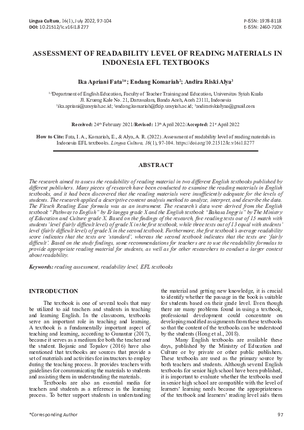 (PDF) Assessment of Readability Level of Reading Materials in Indonesia EFL Textbooks